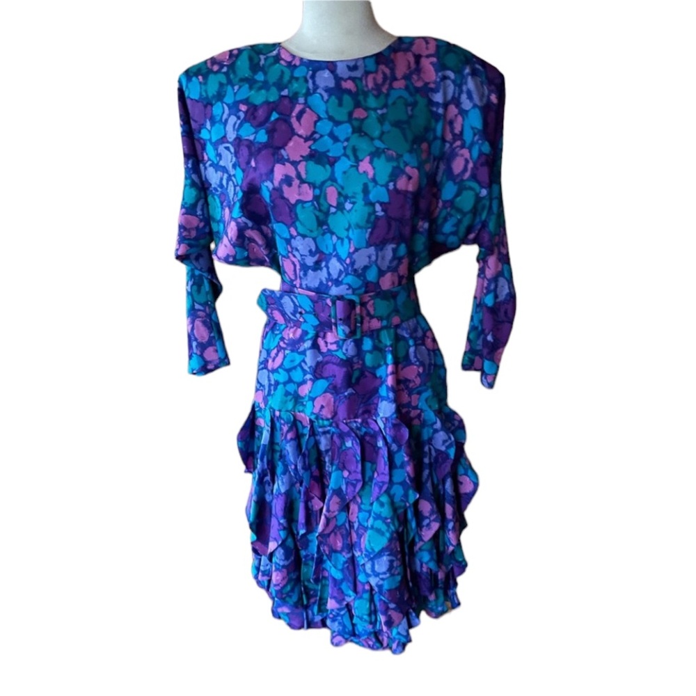 1980s Gillian 100% Silk Ruffle Party Dress - Gem